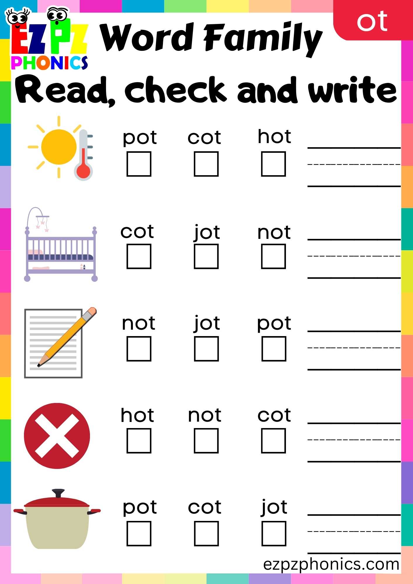 OT Words Read, Check And Write Phonics Word Families Worksheet - ezpzphonics.com